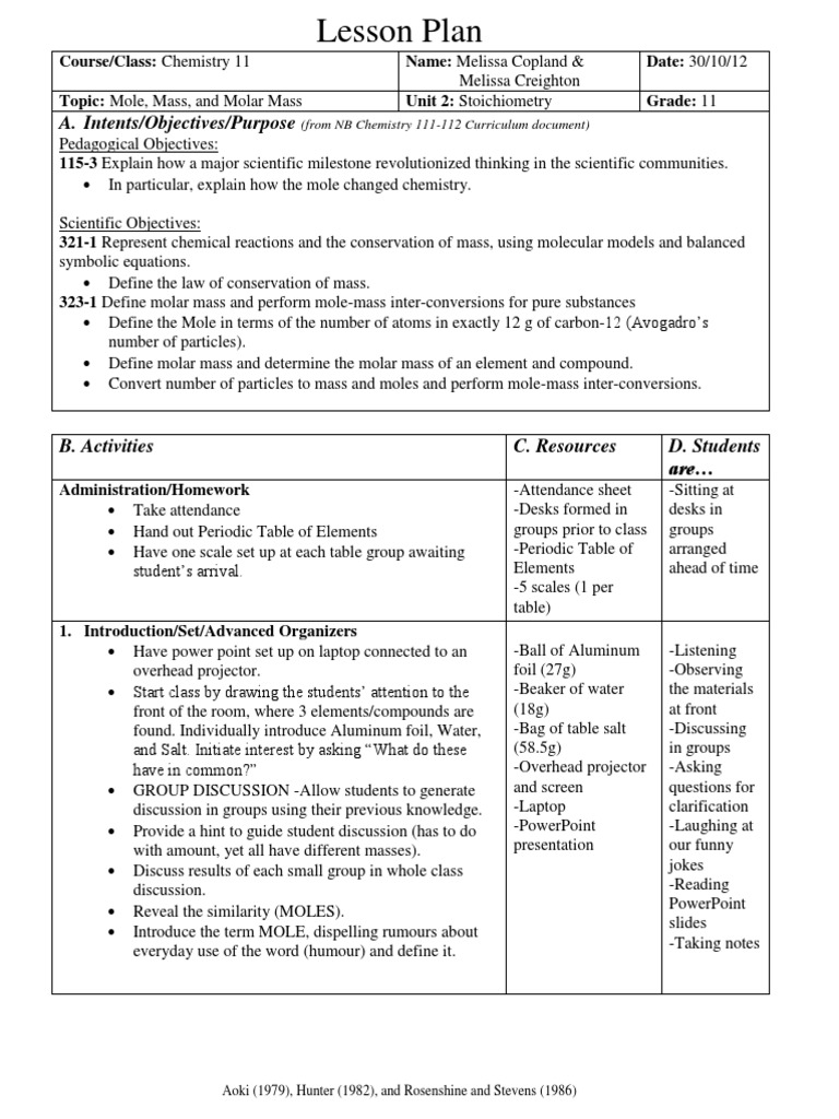 Class 11 Chemistry: Stoichiometry Lesson Plan | PDF | Mole (Unit ...
