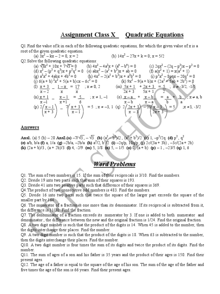 Assignment Class X Quadratic Equations: Word Problems | PDF | Fraction ...
