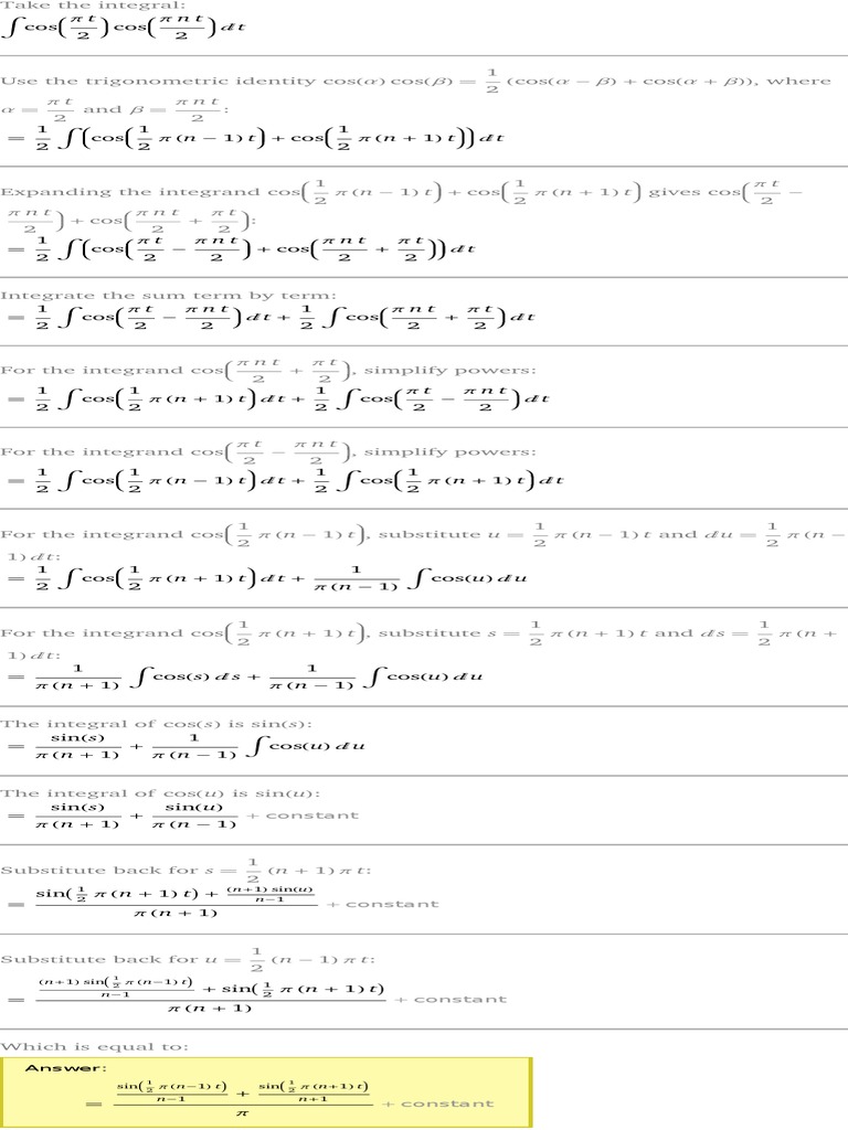 WolframAlpha - Integrate Cos N Pi 2 T Cos Pi 2 T Indefinite Integral ...
