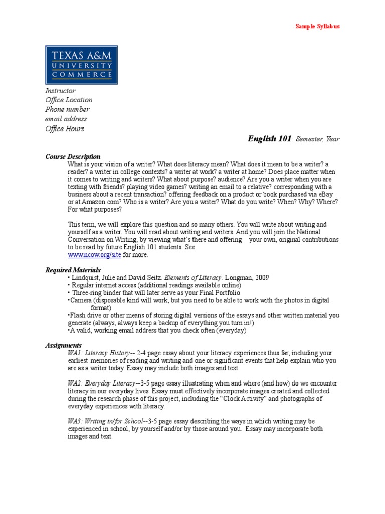 Sample Syllabus | PDF | Academic Dishonesty | Essays