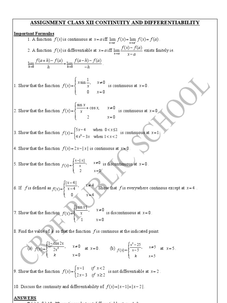 XII Continuity and Differentiablity Assignment | PDF | Function (Mathematics) | Algebra