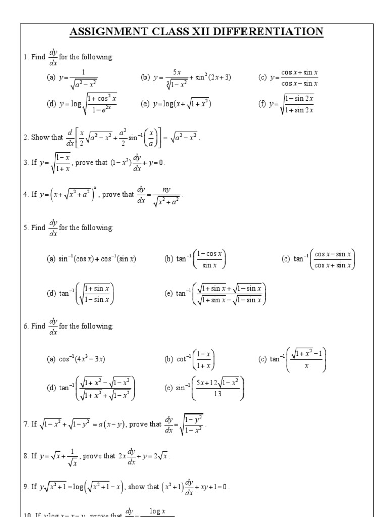 Xii Differentiation Assignment | PDF