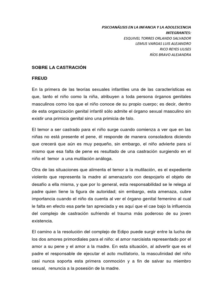 Resumen Castración, Falo Freud Lacan | PDF | Jacques Lacan | Complejo ...