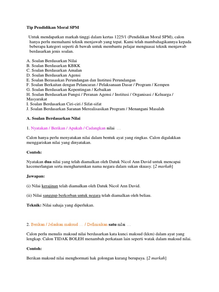 Tip Pendidikan Moral SPM | PDF