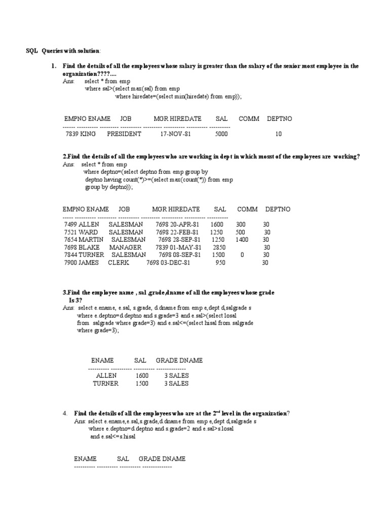 SQL Queries With Solution | PDF | Databases | Data Management