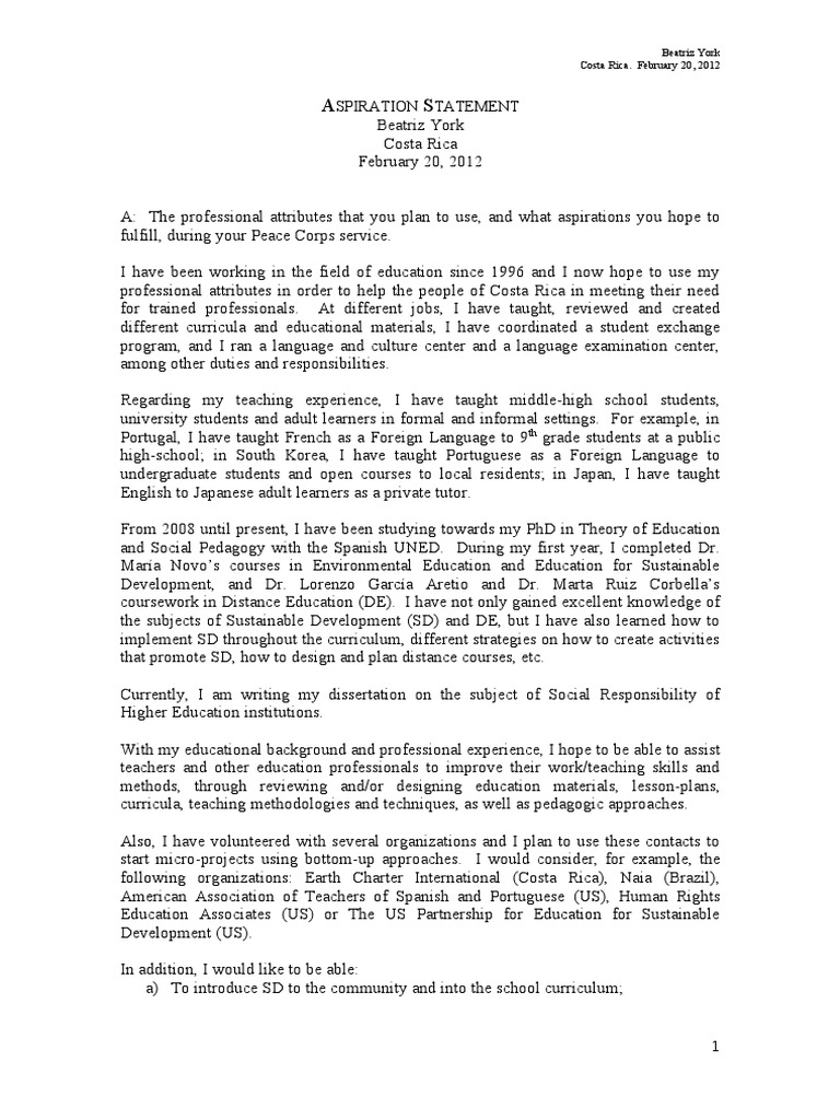 Peace Corps Aspiration Statement | PDF