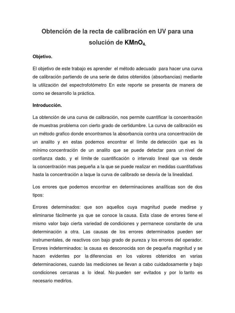 Obtención de La Recta de Calibración en UV para Una Solución de KMnO4 ...