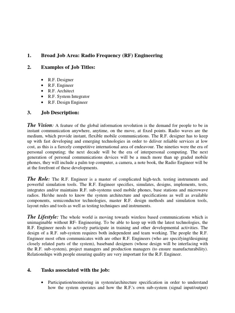 Broad Job Area: Radio Frequency (RF) Engineering 2. Examples of Job ...