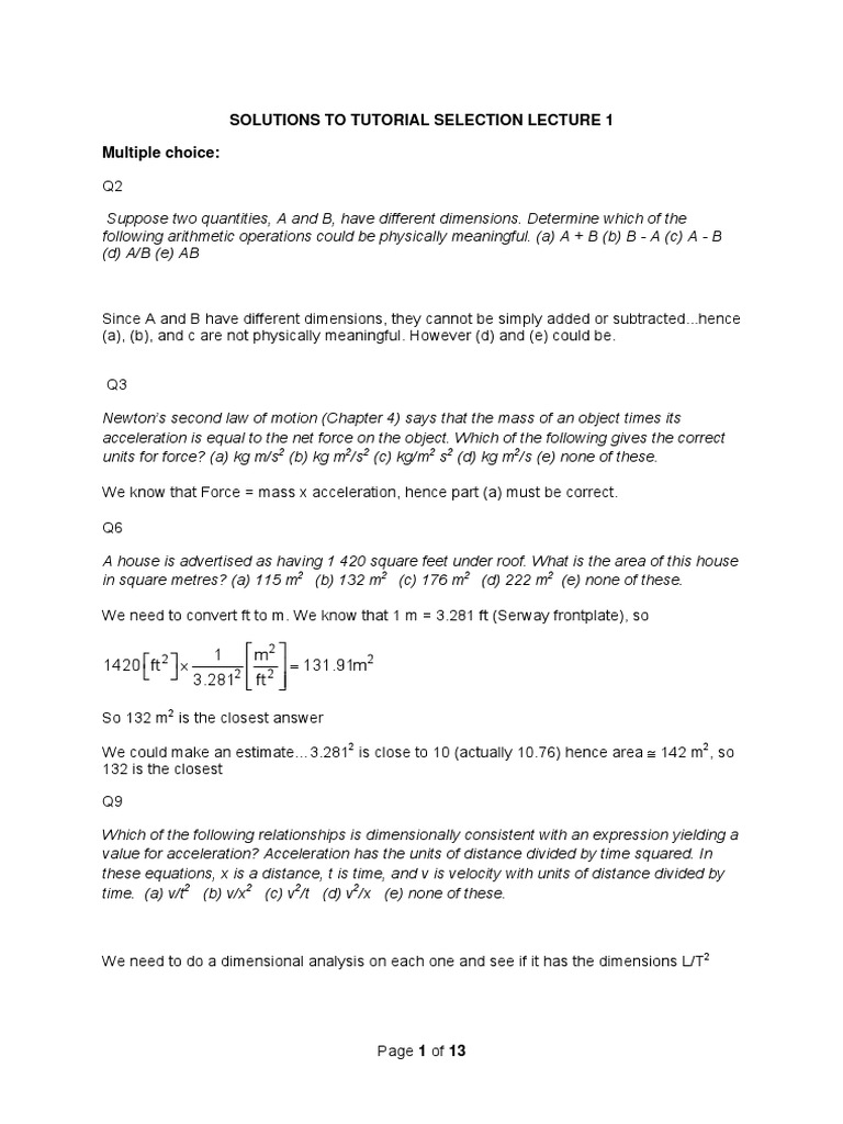 Solutions To Tutorial Lesson 1. Mechanical Engineering Principle ...