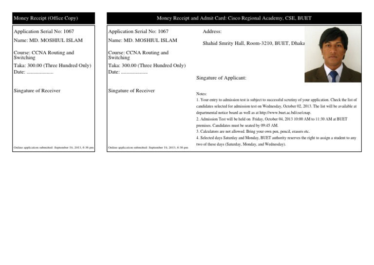 BUET CCNA Admit Card and Receipt | PDF