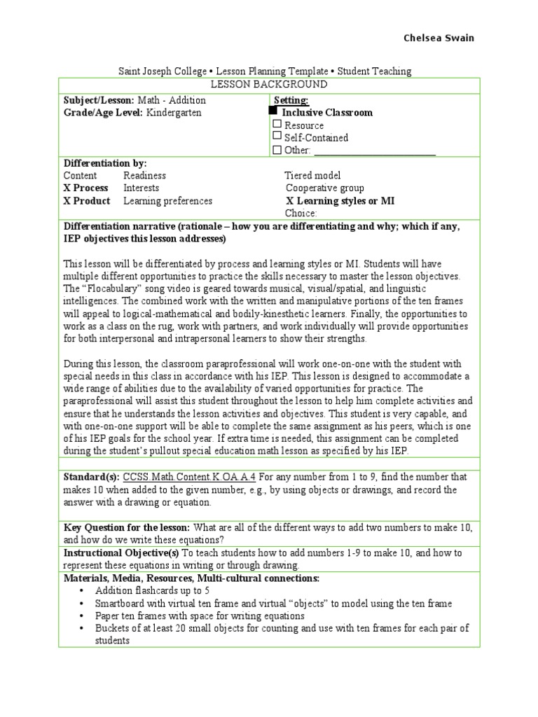 Kindergarten Math Addition Lesson Plan | PDF | Individualized Education ...