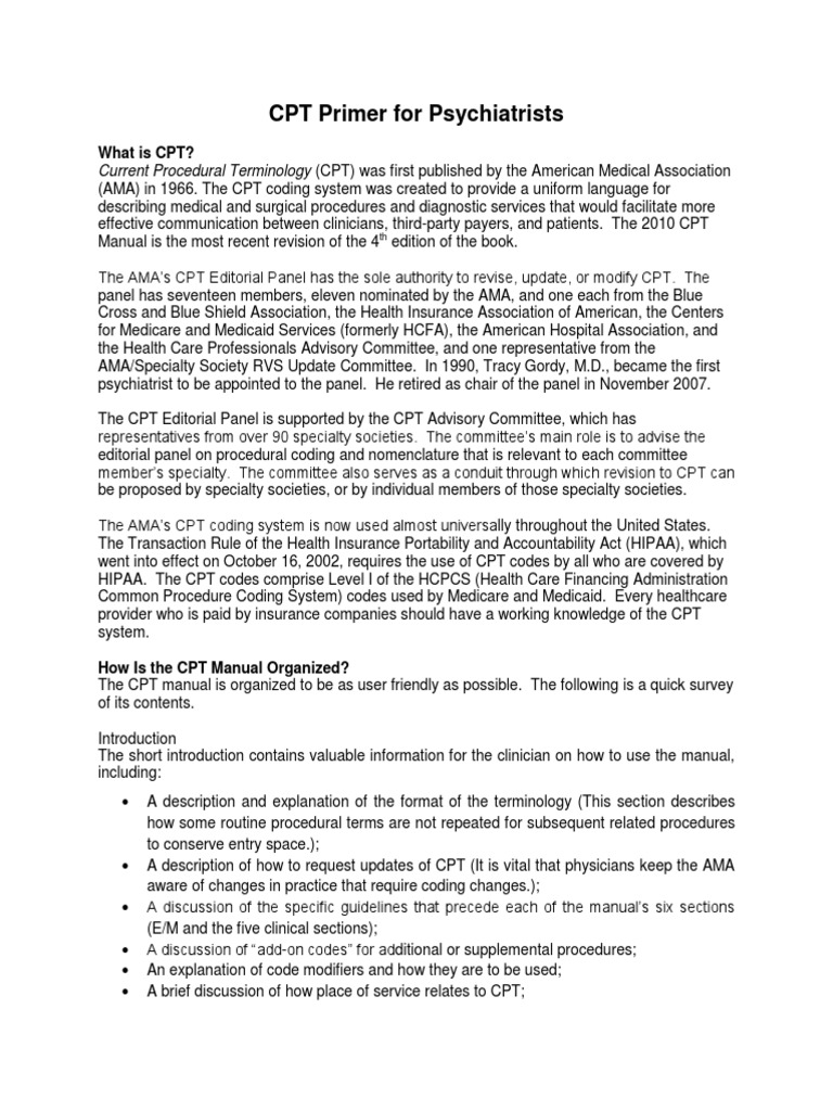 CPT Primer For Psychiatrists | PDF | Psychiatry | Medicare (United States)