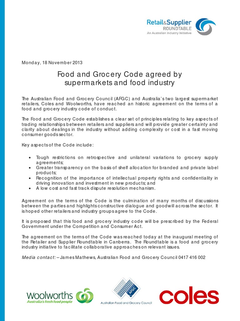 Food and Grocery Code Agreed by Supermarkets and Food Industry | PDF ...
