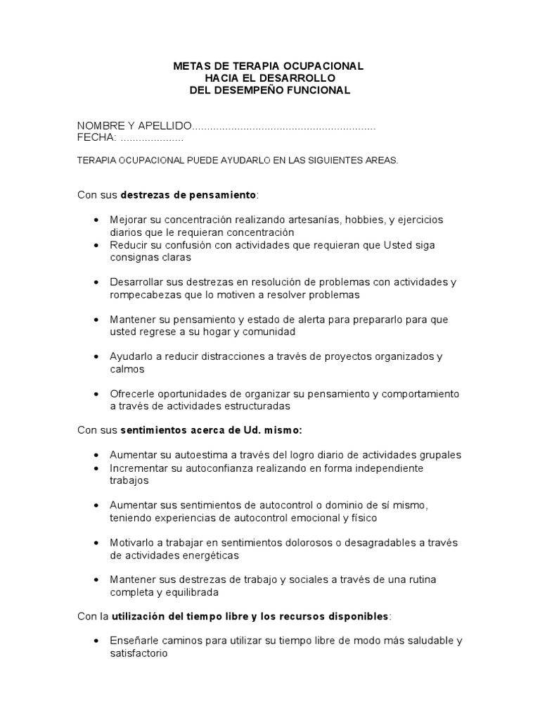 Metas de Terapia Ocupacional | PDF