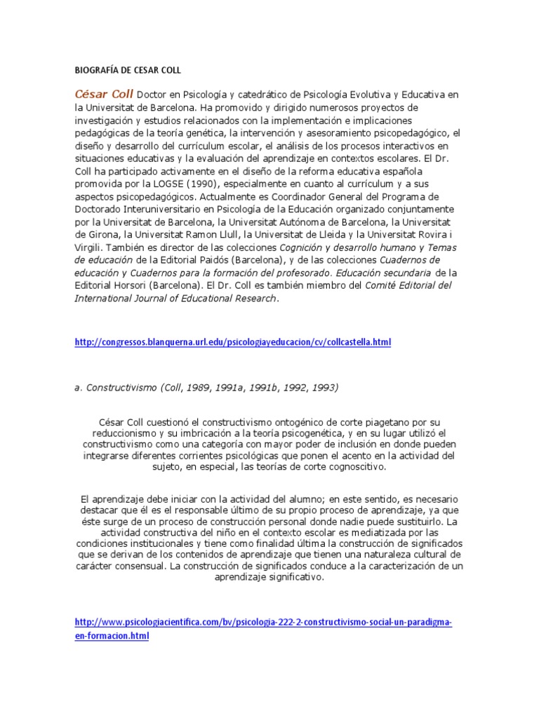 Biografía de Cesar Coll | PDF | Constructivismo (filosofía de la ...