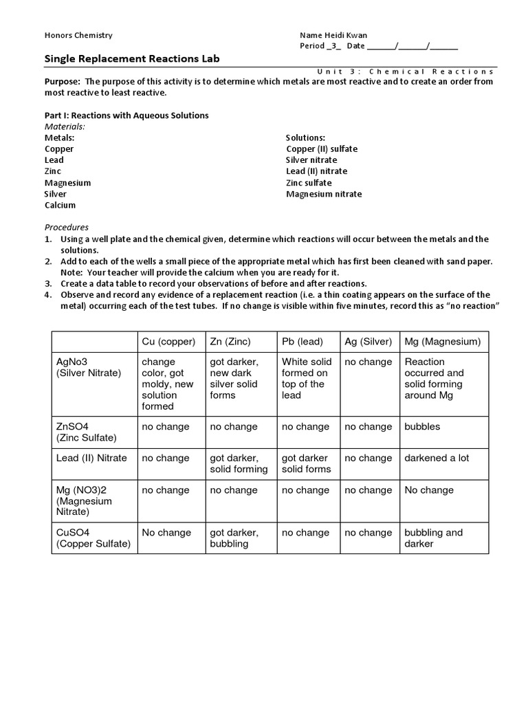 Single Replacement Lab As Inquiry Based | PDF | Redox | Zinc