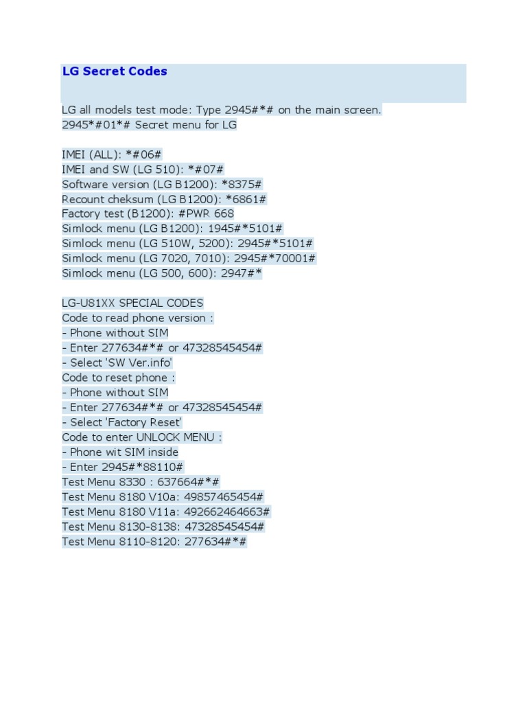 LG Secret Codes | PDF