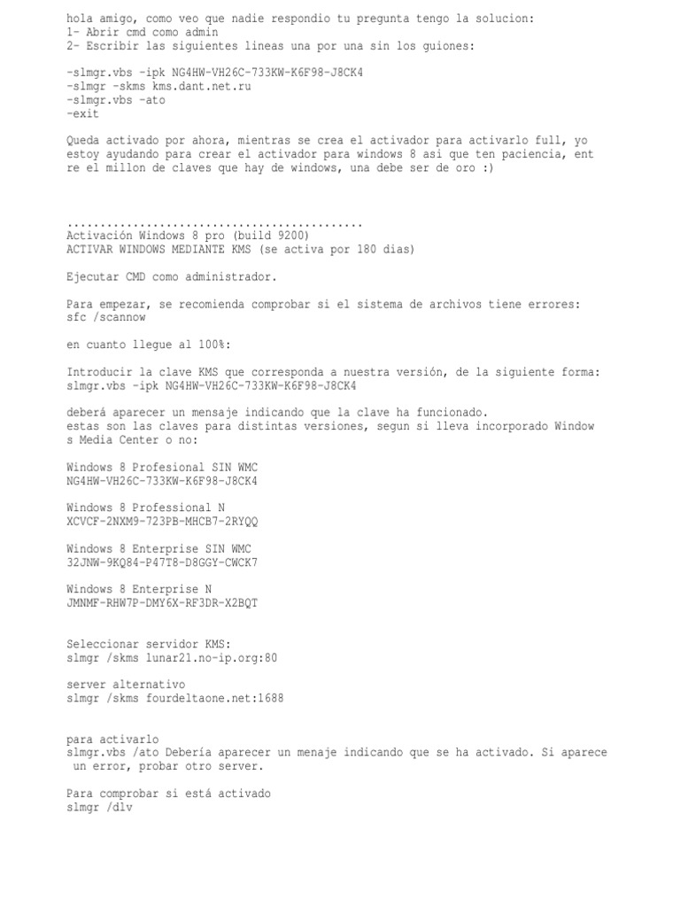 Activación de Windows 8 Pro y KMS | PDF | Windows 8 | Plataformas de ...