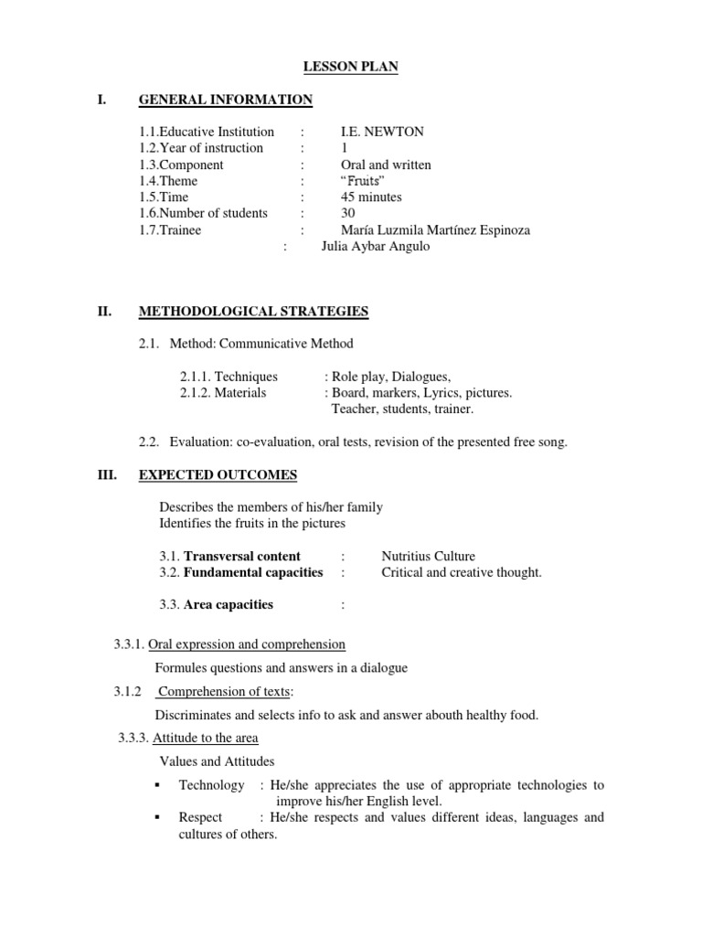 Fruits and Vegetables Lesson Plan | PDF | Reading Comprehension ...