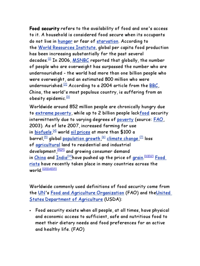 Food Security Refers To The Availability of Food and One's Access | PDF ...