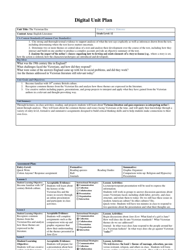 Edsc 304 Digital Unit Plan Template | PDF | Jane Eyre | Victorian Era