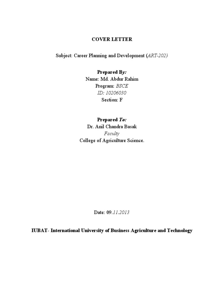 Cover Letter: Subject: Career Planning and Development (ART-202) | PDF ...
