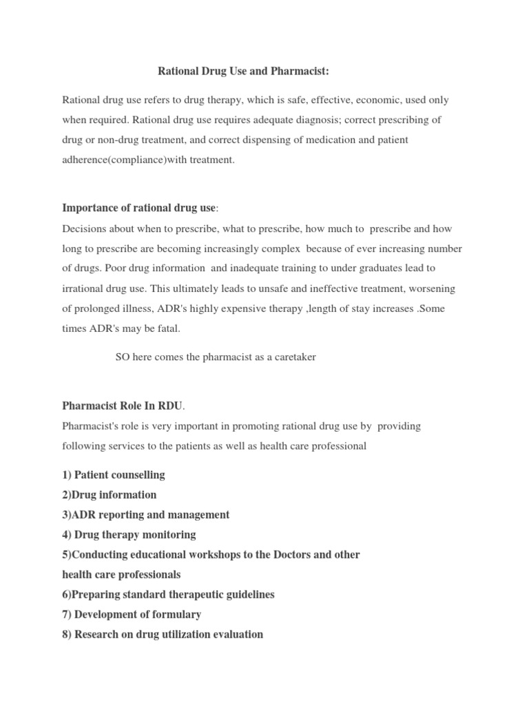 Rational Drug Use and Pharmacist | PDF | Pharmacy | Pharmaceutical Drug
