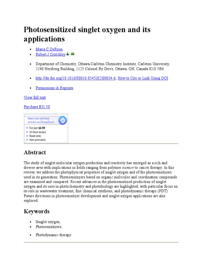 Photosensitized Singlet Oxygen and Its Applications: Maria C Derosa ...