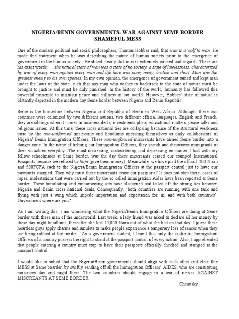 Nigeria/Benin Governments: War Against Seme Border Shameful Mess | PDF ...