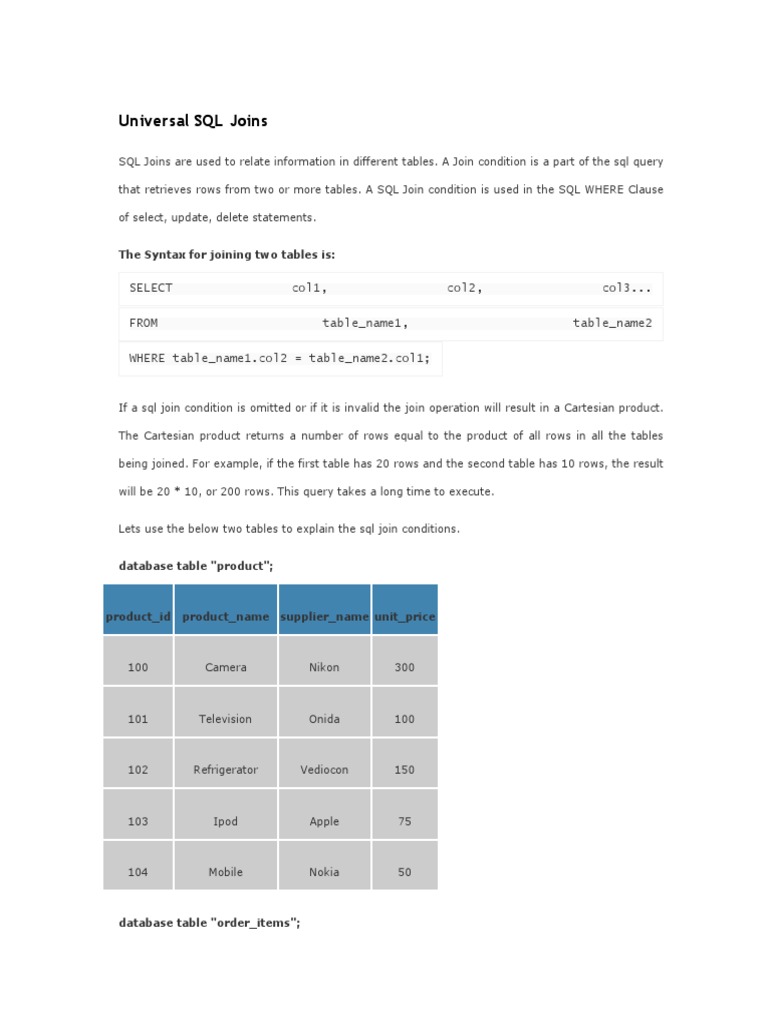 Universal Sql Joins Select Col1 Col2 Col3 From Table Name1 Table Name2 Where Table