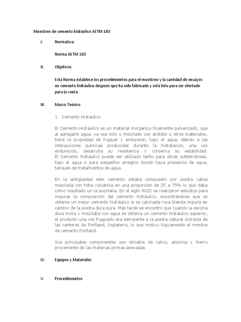 Muestreo de Cemento Hidráulico ASTM 183 | PDF