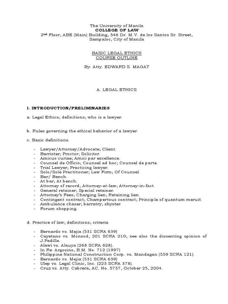 Course Outline of Legal Ethics | PDF | Legal Education | Lawyer