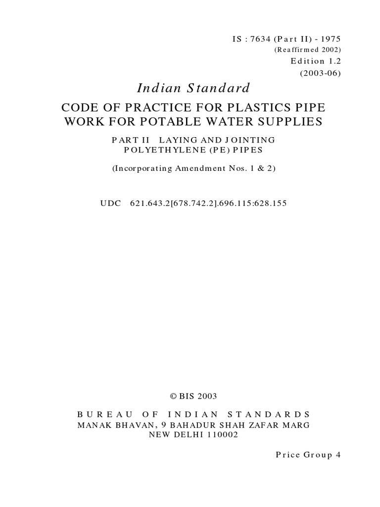 Indian Standard: Code of Practice For Plastics Pipe Work For Potable ...