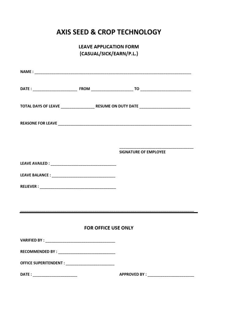 Axis Seed & Crop Technology: Leave Application Form (Casual/Sick/Earn/P ...