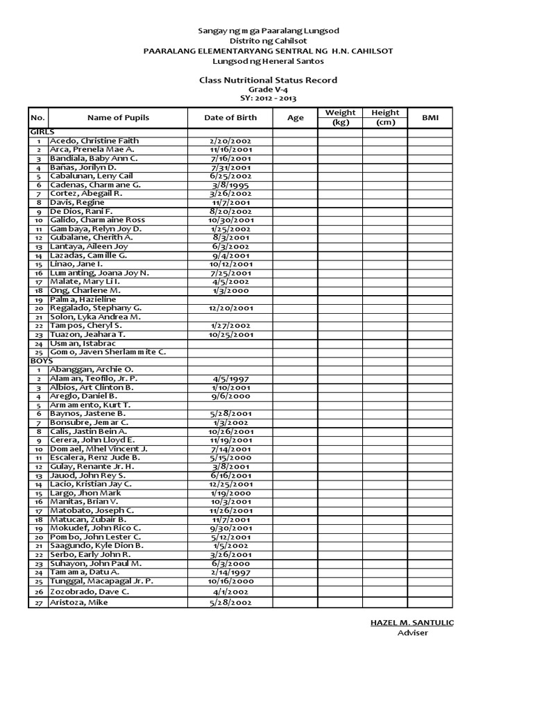 Grade 5 Class Nutrition Record | PDF