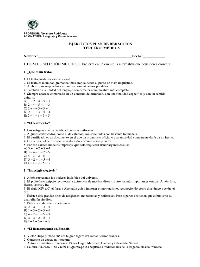 Ejercicios Plan de Redaccion | PDF | Molière | Realismo literario