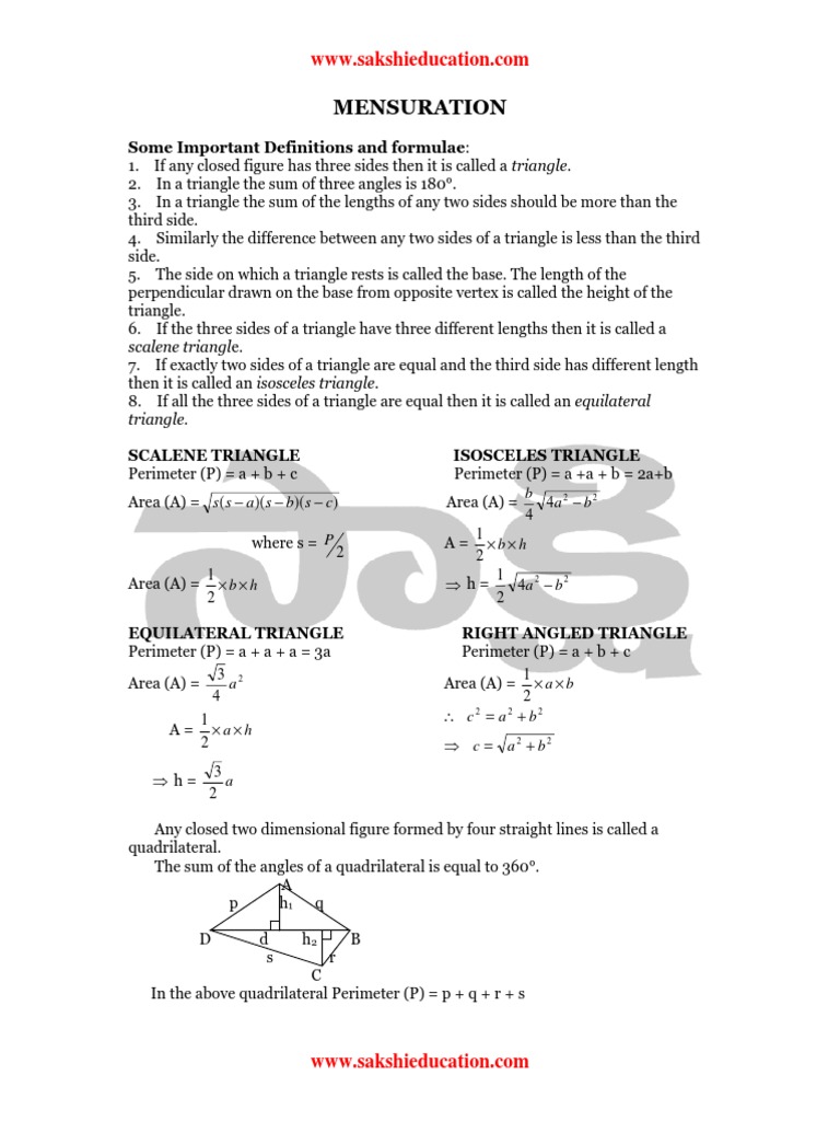 Mensuration formulas and geometry problems | PDF | Triangle | Circle