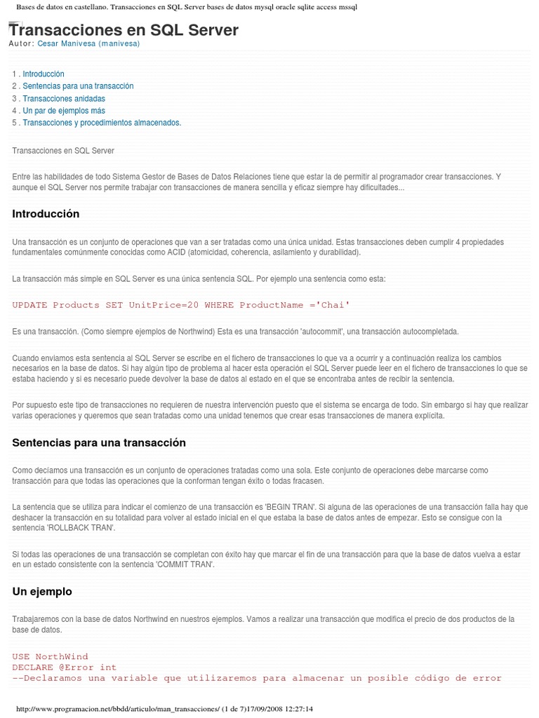 Transacciones SQL PDF | PDF | Servidor SQL de Microsoft | SQL