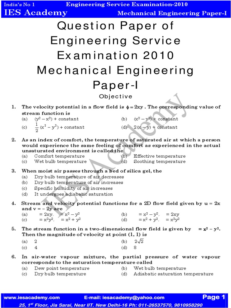 Question Paper of Engineering Service Examination 2010 Mechanical ...