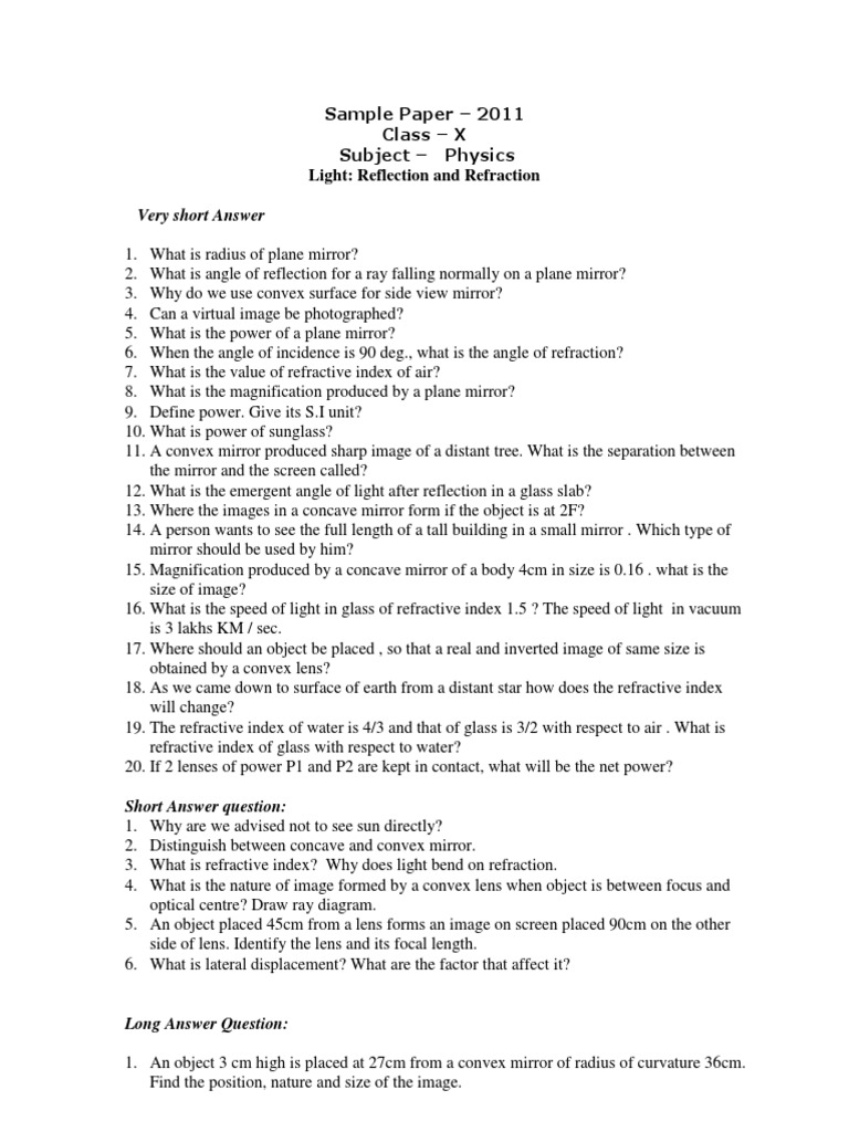 Class 10 Physics: Light Q&A 2011 | PDF | Lens (Optics) | Mirror