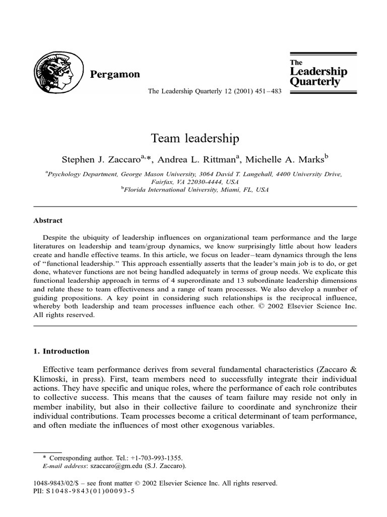 Team Leadership: Stephen J. Zaccaro, Andrea L. Rittman, Michelle A ...