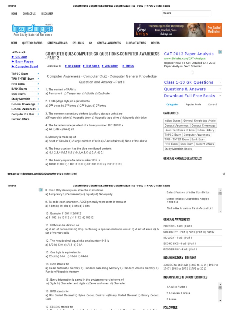 Computer Quiz-Computer GK Questions-Computer Awareness - Part 2 - TNPSC Question Papers | PDF ...