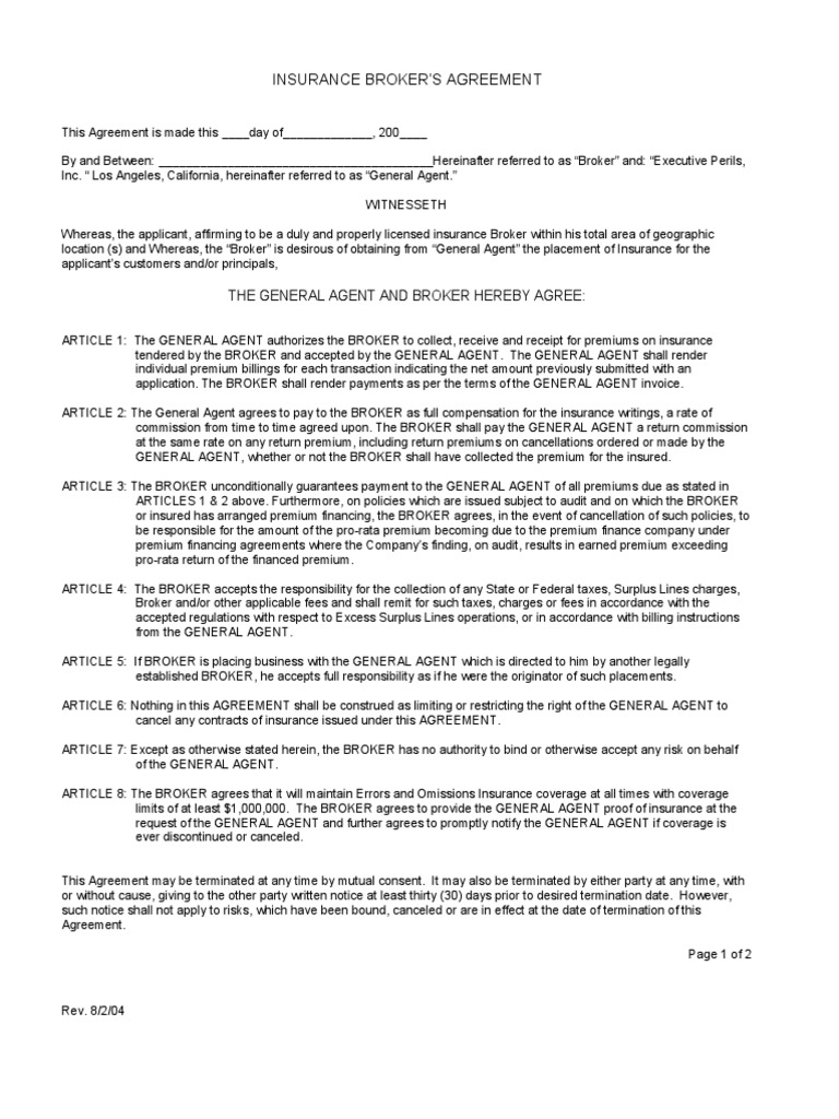 Insurance Broker'S Agreement: The General Agent and Broker Hereby Agree ...