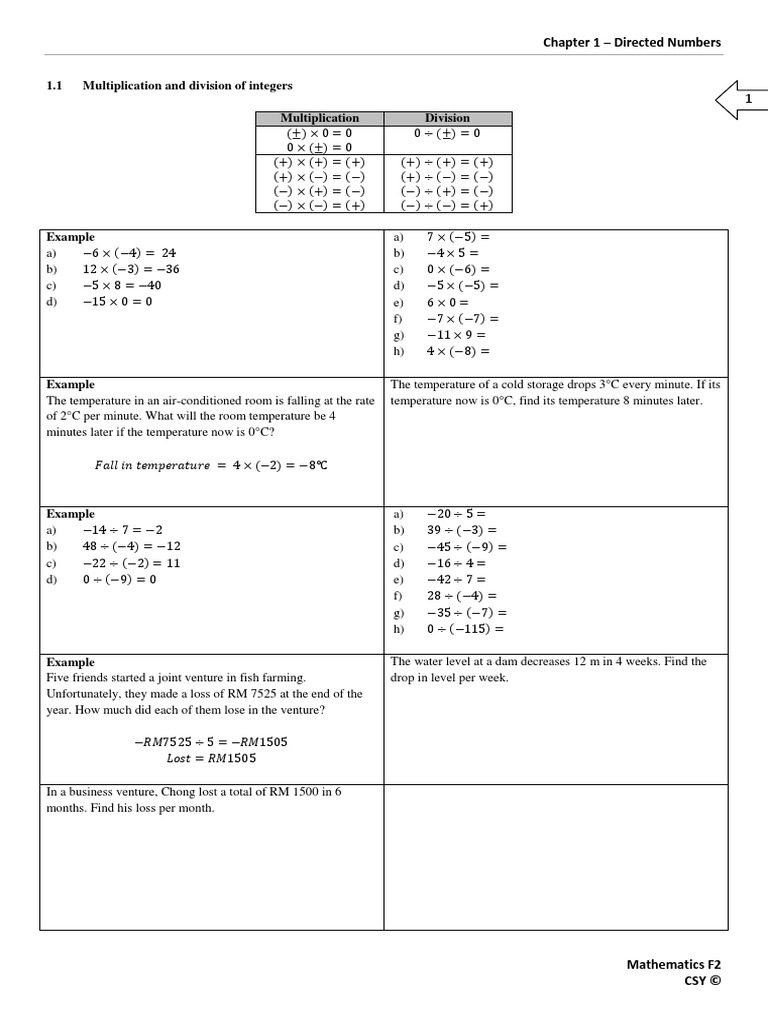 1.1 Multiplication and Division of Integers: Chapter 1 - Directed ...