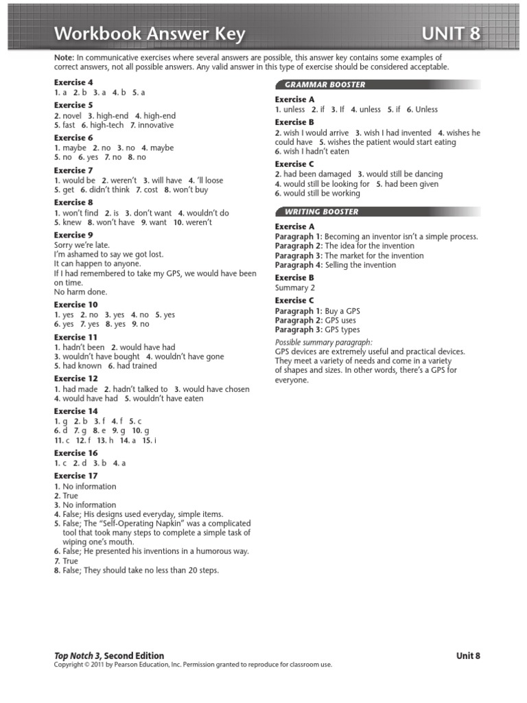 Workbook Answer Key Unit 8: Grammar Booster | PDF | Paragraph | Invention