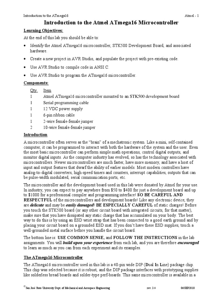 Introduction To The Atmel Atmega16 Microcontroller Learning Objectives 6254