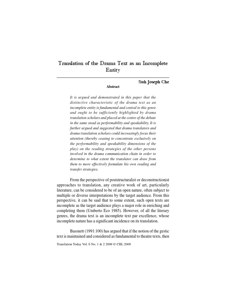 Translation of The Drama Text As An Incomplete Entity - Suh Joseph Che ...