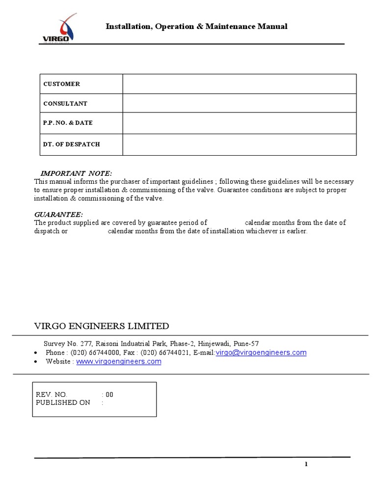 Installation, Operation & Maintenance Manual: Virgo Engineers Limited ...
