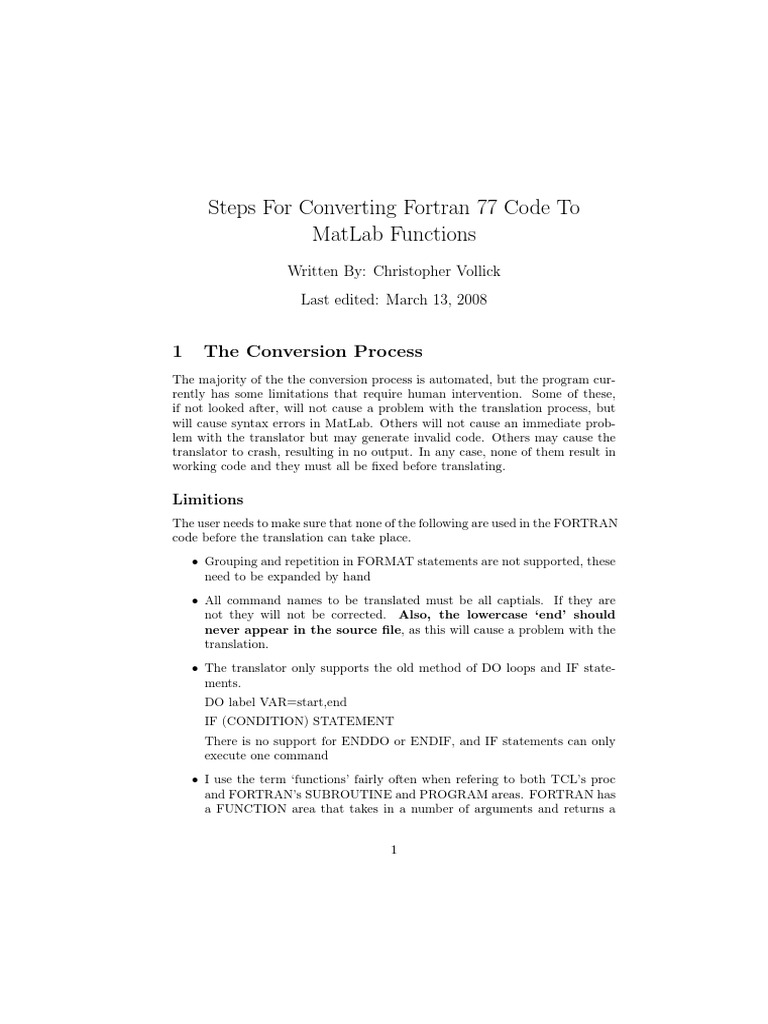 Steps For Converting Fortran 77 Code To Matlab Functions: 1 The Conversion Process | PDF ...