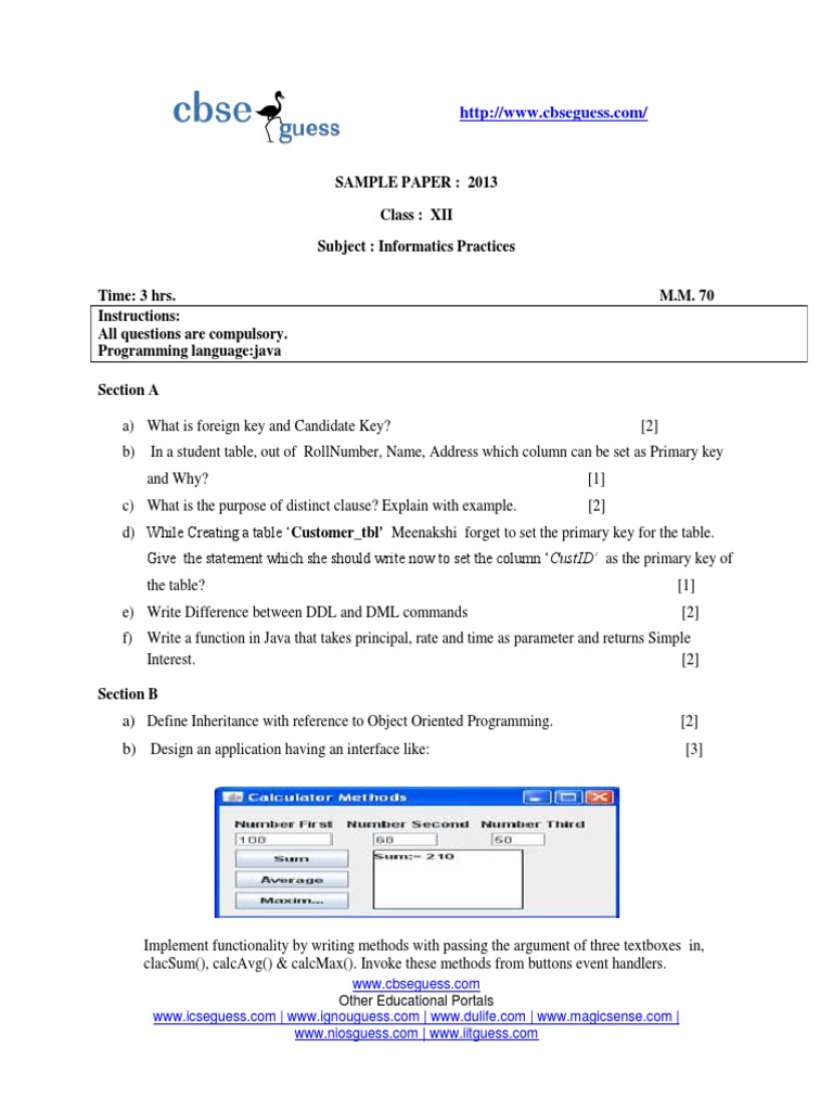 Sample Paper: 2013 Class: XII Subject: Informatics Practices | PDF | Method (Computer ...